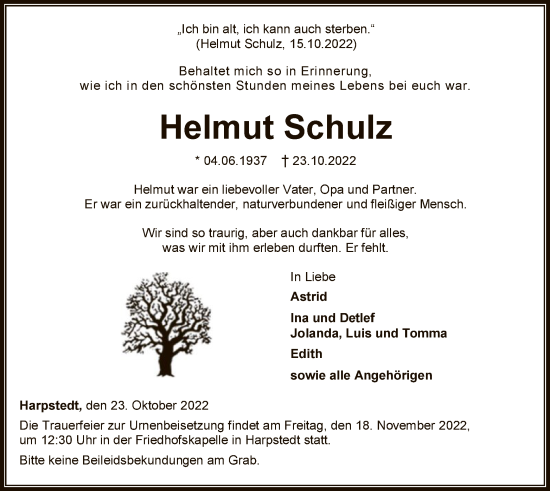 Traueranzeigen von Helmut Schulz | trauer.kreiszeitung.de