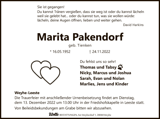 Traueranzeigen von Marita Pakendorf | trauer.kreiszeitung.de