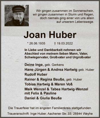 Traueranzeigen von Joan Huber | trauer.kreiszeitung.de