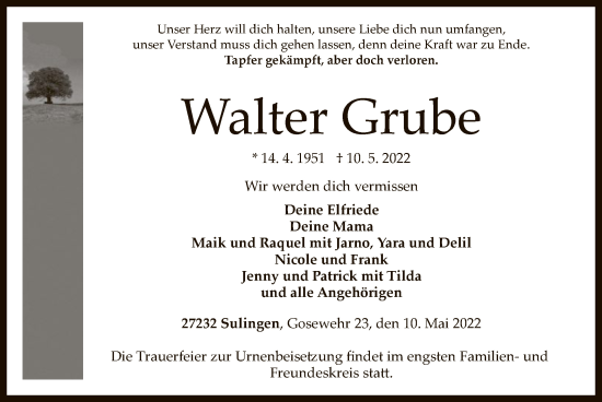 Traueranzeigen von Walter Grube | trauer.kreiszeitung.de