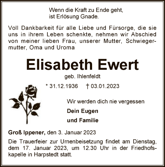 Traueranzeigen von Elisabeth Ewert | trauer.kreiszeitung.de