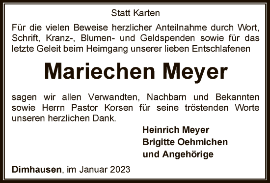 Traueranzeigen von Mariechen Meyer | trauer.kreiszeitung.de