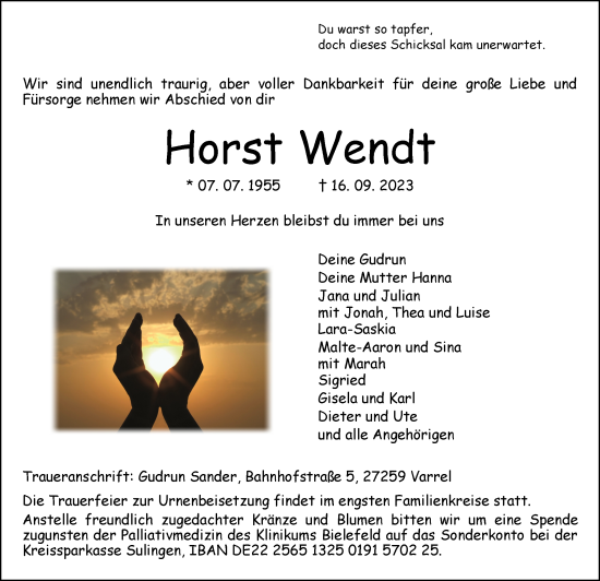 Traueranzeigen von Horst Wendt | trauer.kreiszeitung.de