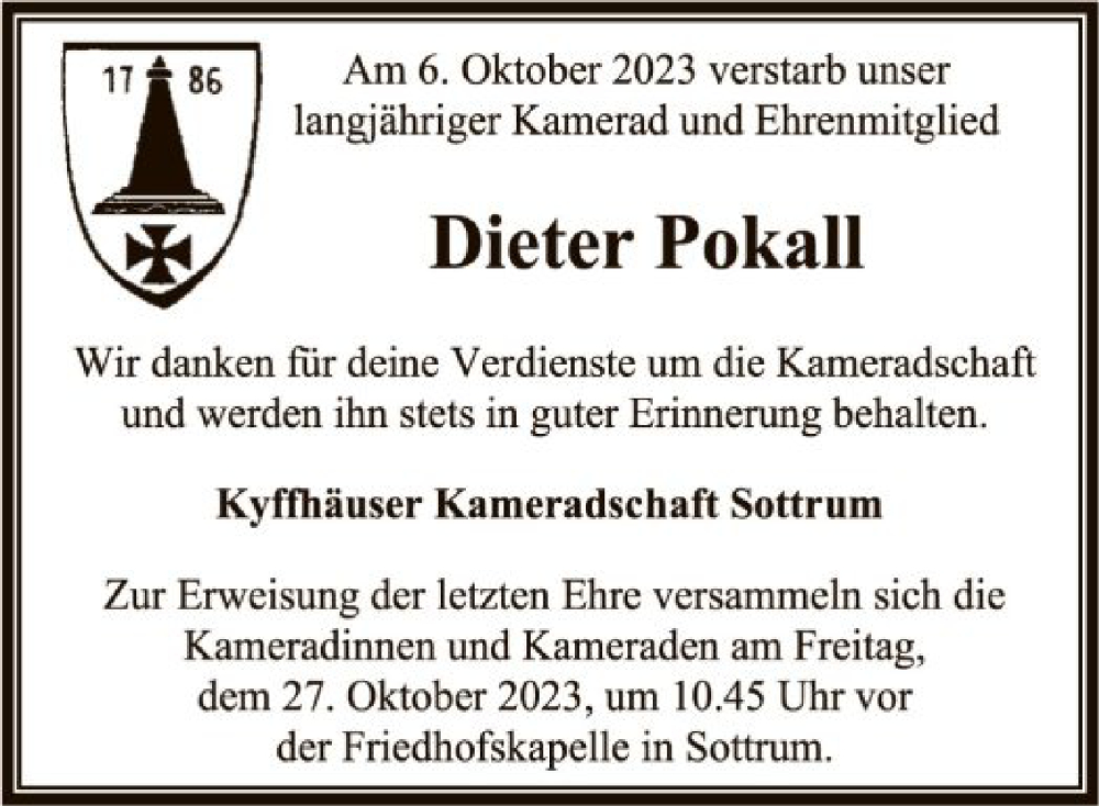 Traueranzeigen von Dieter Pokall | trauer.kreiszeitung.de