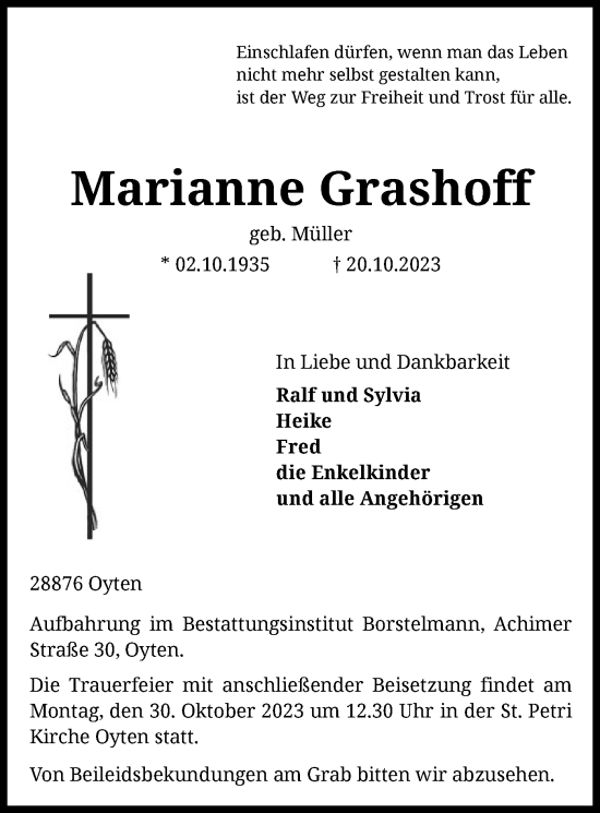Traueranzeigen von Marianne Grashoff | trauer.kreiszeitung.de