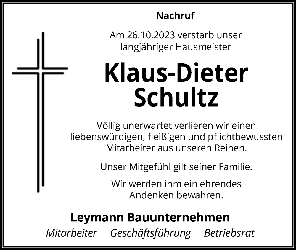 Traueranzeigen von Klaus-Dieter Schultz | trauer.kreiszeitung.de