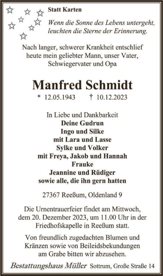 Traueranzeigen von Manfred Schmidt | trauer.kreiszeitung.de