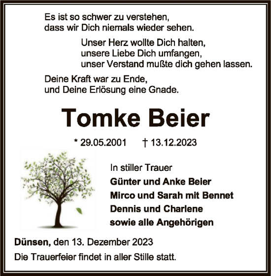 Traueranzeigen von Tomke Beier | trauer.kreiszeitung.de