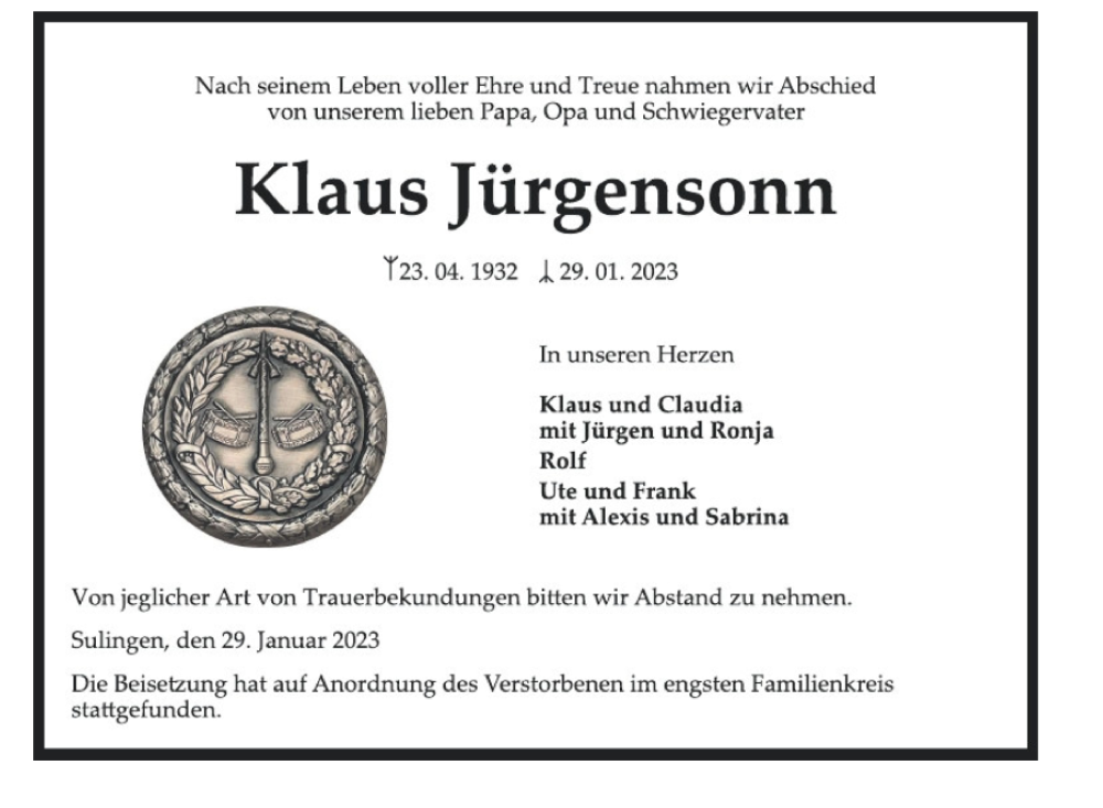 Traueranzeigen von Klaus Jürgensonn | trauer.kreiszeitung.de