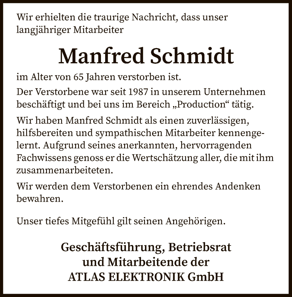 Traueranzeigen von Manfred Schmidt | trauer.kreiszeitung.de