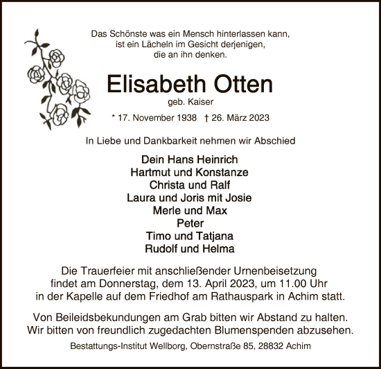 Traueranzeigen von Elisabeth Otten | trauer.kreiszeitung.de