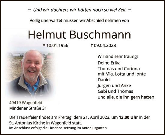 Traueranzeigen von Helmut Buschmann | trauer.kreiszeitung.de