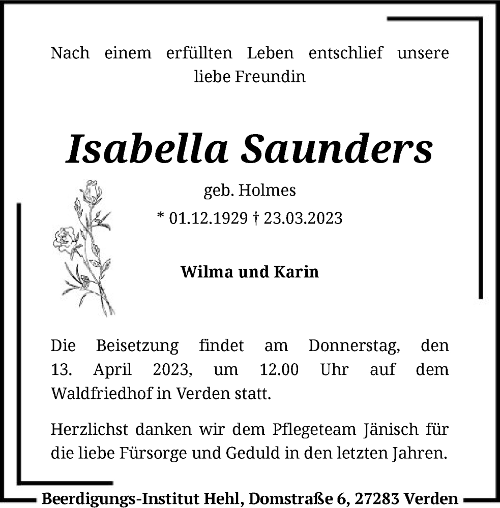 Traueranzeigen von Isabella Saunders | trauer.kreiszeitung.de
