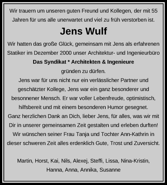 Traueranzeigen von Jens Wulf | trauer.kreiszeitung.de