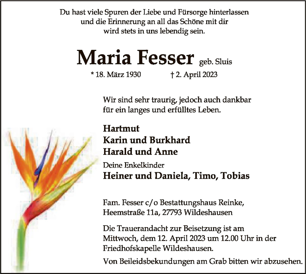 Traueranzeigen von Maria Fesser | trauer.kreiszeitung.de