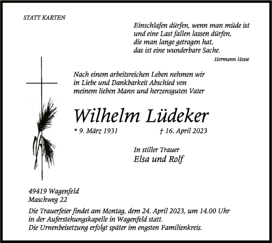 Traueranzeigen von Wilhelm Lüdeker | trauer.kreiszeitung.de
