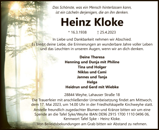 Traueranzeigen von Heinz Kloke | trauer.kreiszeitung.de