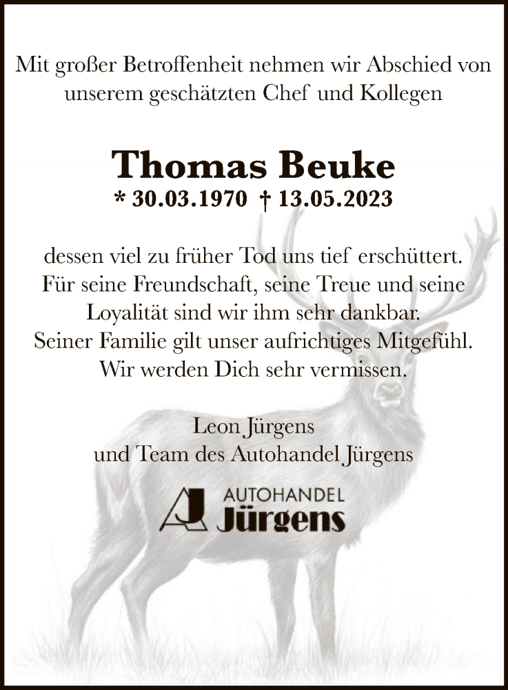 Traueranzeigen von Thomas Beuke | trauer.kreiszeitung.de