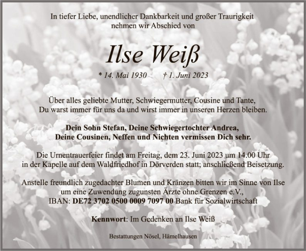 Traueranzeigen von Ilse Weiß | trauer.kreiszeitung.de