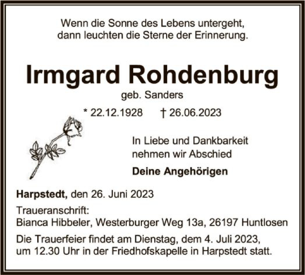 Traueranzeigen von Irmgard Rohdenburg | trauer.kreiszeitung.de