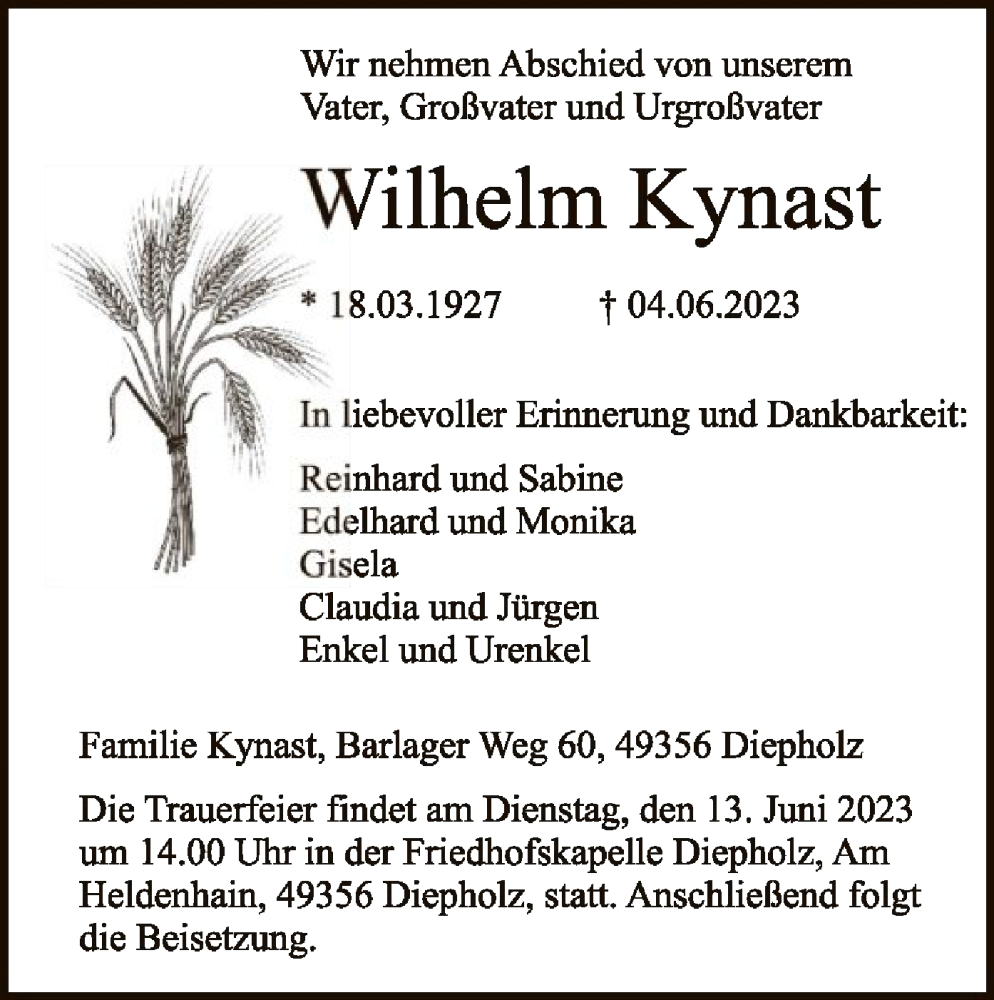 Traueranzeigen von Wilhelm Kynast | trauer.kreiszeitung.de
