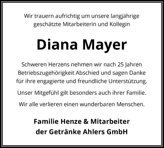 Traueranzeigen von Diana Mayer | trauer.kreiszeitung.de