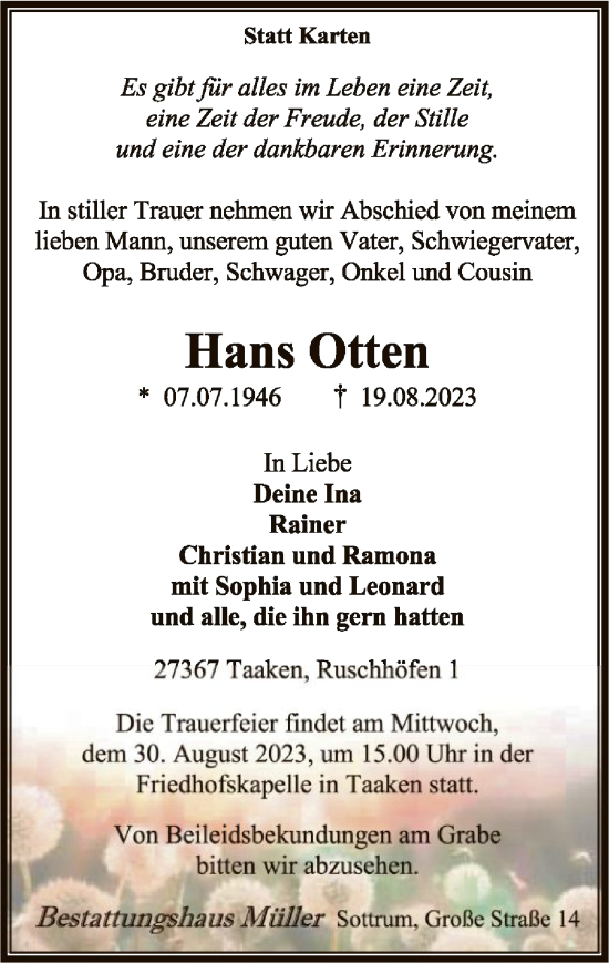 Traueranzeigen von Hans Otten | trauer.kreiszeitung.de