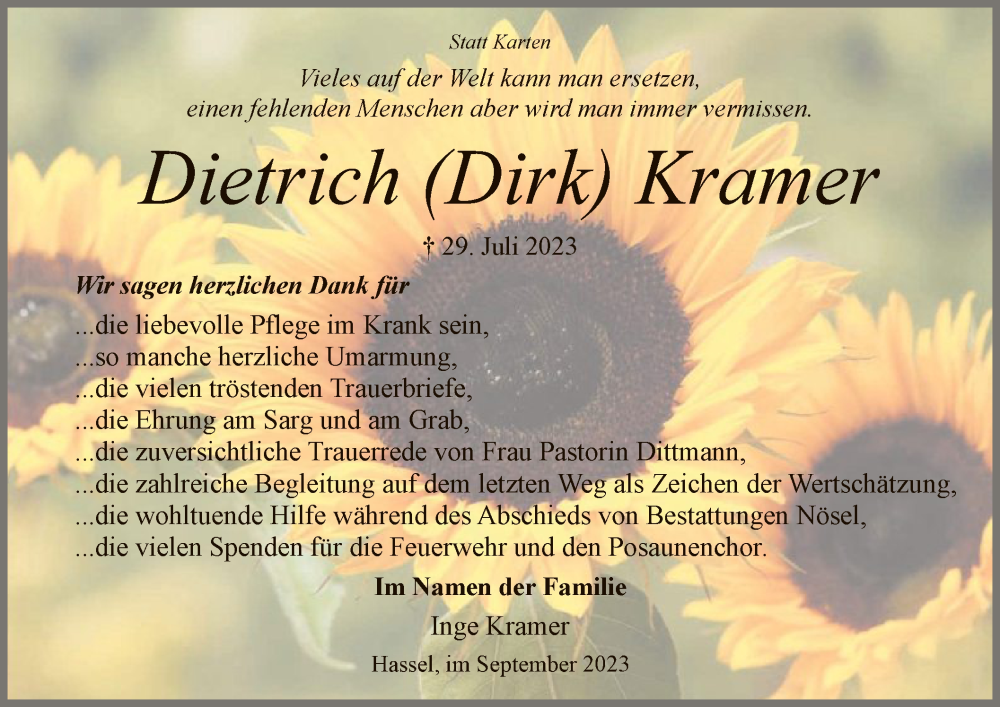 Traueranzeigen von Dietrich Kramer | trauer.kreiszeitung.de