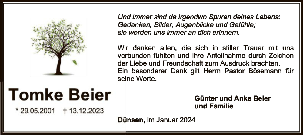 Traueranzeigen von Tomke Beier | trauer.kreiszeitung.de