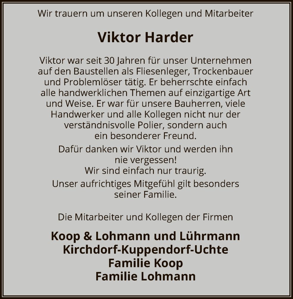 Traueranzeigen von Viktor Harder | trauer.kreiszeitung.de
