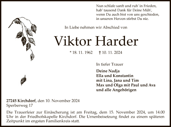 Traueranzeigen von Viktor Harder | trauer.kreiszeitung.de