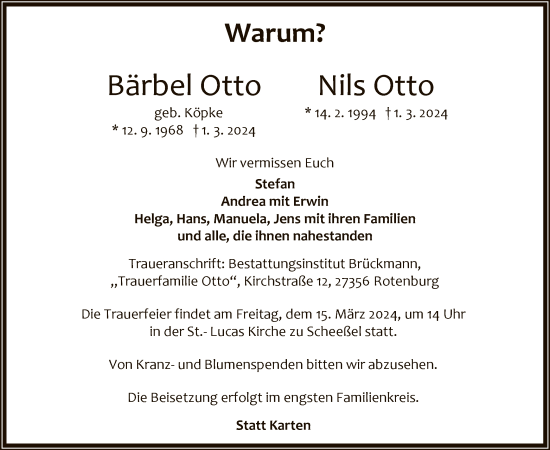 Traueranzeigen von Bärbel und Nils Otto | trauer.kreiszeitung.de