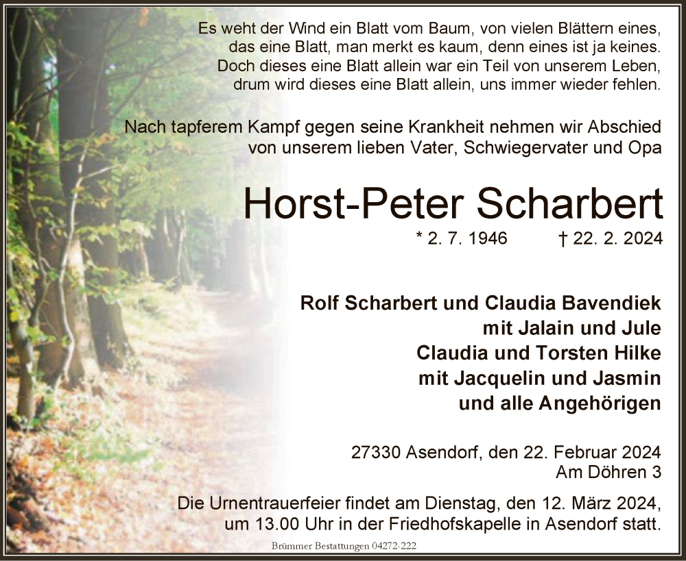 Traueranzeigen von Horst-Peter Scharbert | trauer.kreiszeitung.de