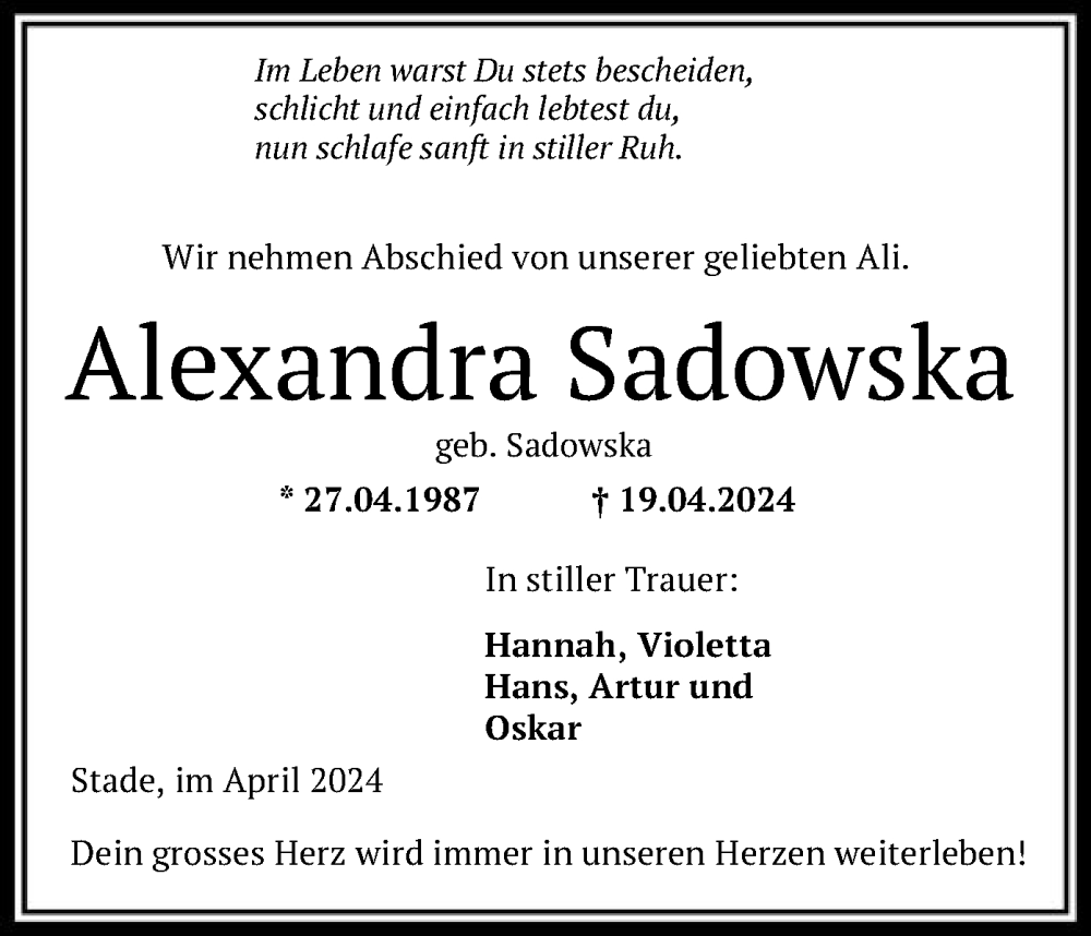 Traueranzeigen von Alexandra Sadowska | trauer.kreiszeitung.de