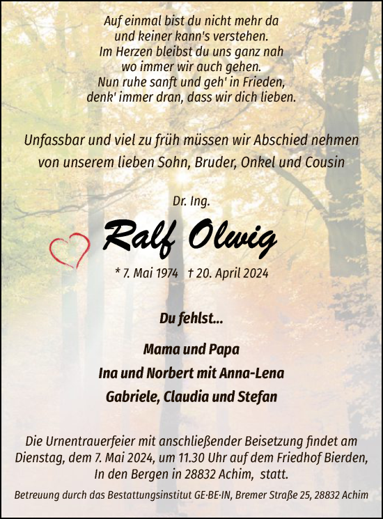 Traueranzeigen von Ralf Olwig | trauer.kreiszeitung.de