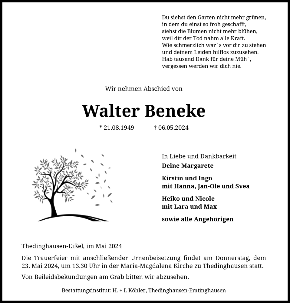 Traueranzeigen von Walter Beneke | trauer.kreiszeitung.de