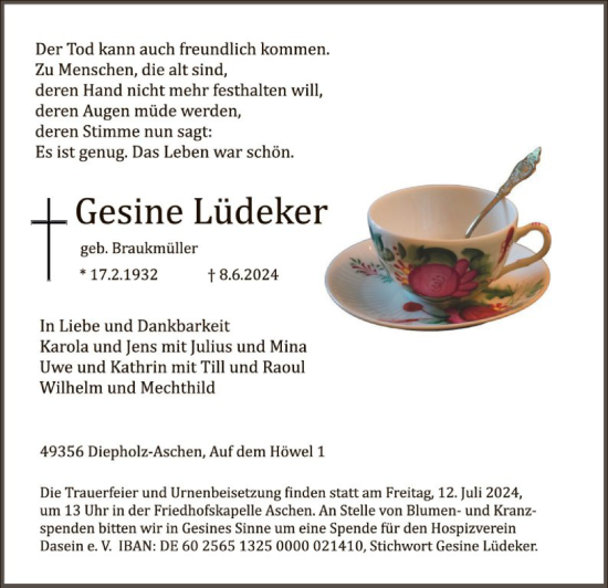 Traueranzeigen von Gesine Lüdeker | trauer.kreiszeitung.de