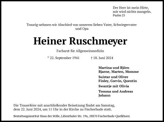 Traueranzeigen von Heiner Ruschmeyer | trauer.kreiszeitung.de