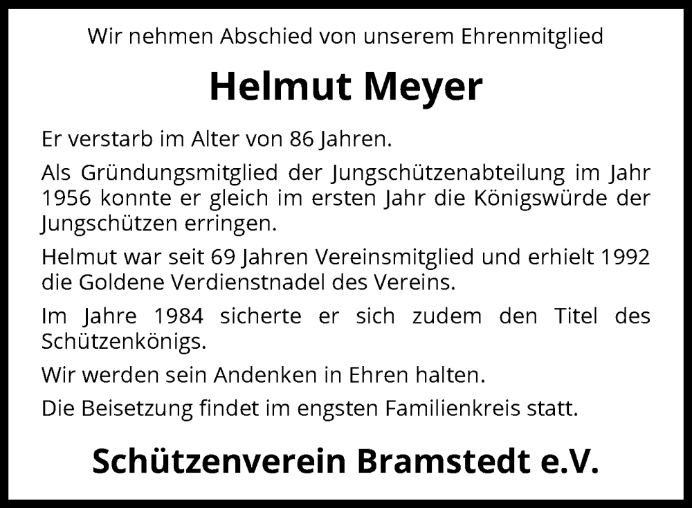 Traueranzeigen von Helmut Meyer | trauer.kreiszeitung.de