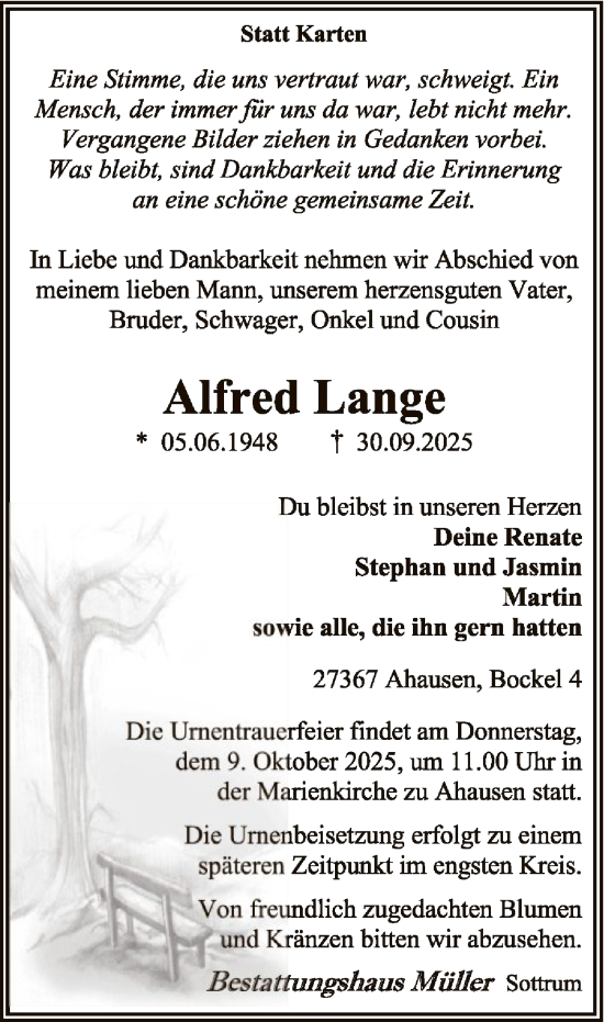 Traueranzeigen von Alfred Lange | trauer.kreiszeitung.de