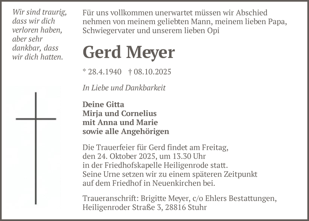 Traueranzeigen von Gerd Meyer | trauer.kreiszeitung.de