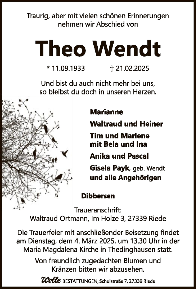 Traueranzeigen von Theo Wendt | trauer.kreiszeitung.de