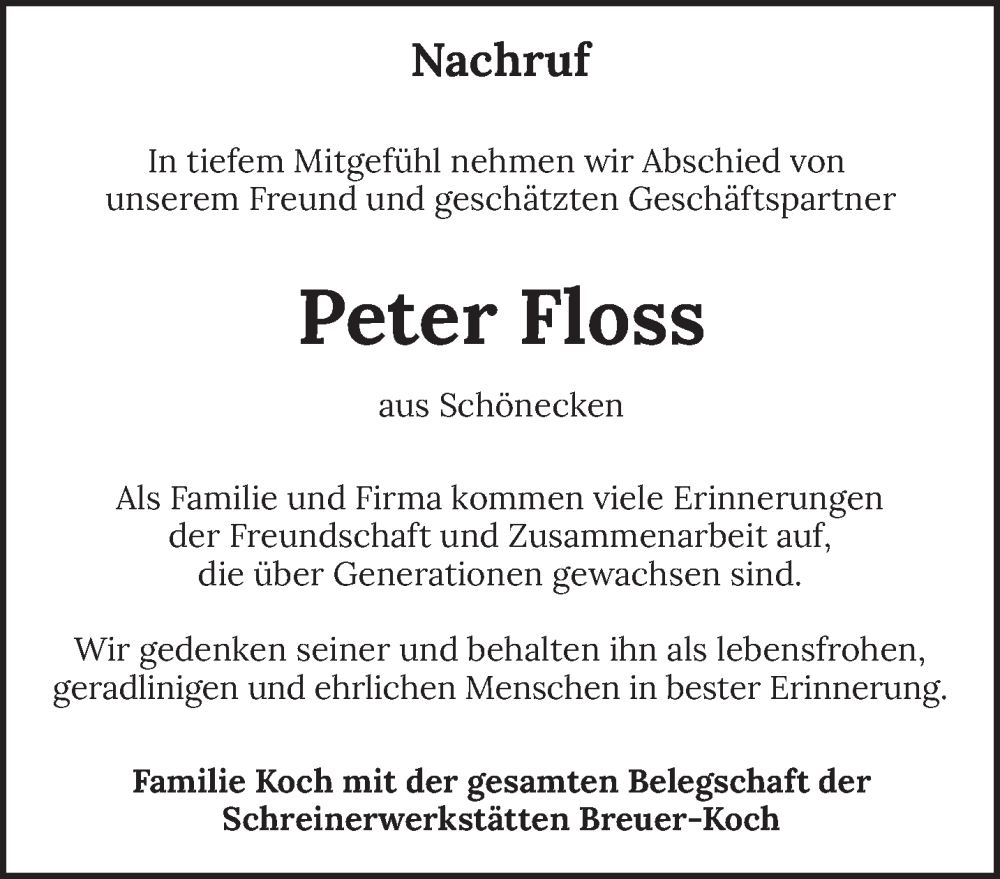 Traueranzeigen von Peter Floss | trauer.kreiszeitung.de
