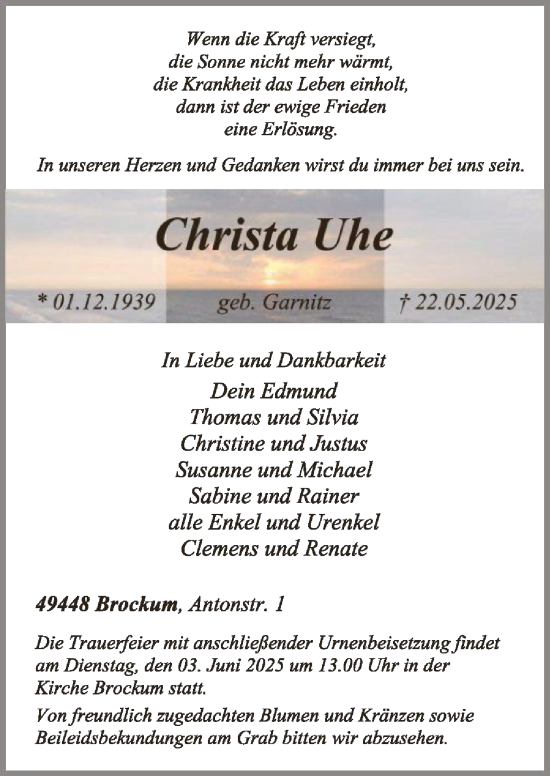 Traueranzeigen von Christa Uhe | trauer.kreiszeitung.de