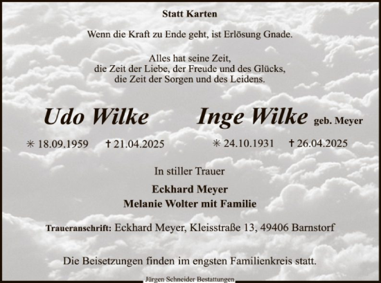 Traueranzeigen von Udo und Inge Wilke | trauer.kreiszeitung.de