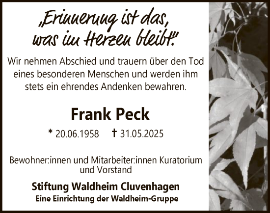 Traueranzeigen von Frank Peck | trauer.kreiszeitung.de