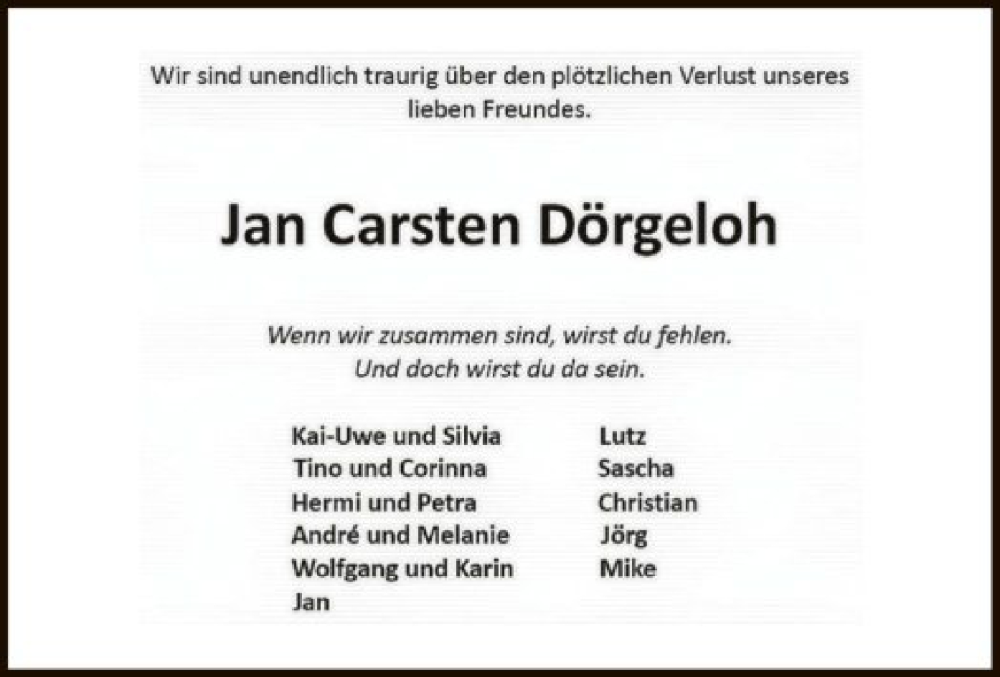 Traueranzeigen von Jan Carsten Dörgeloh | trauer.kreiszeitung.de